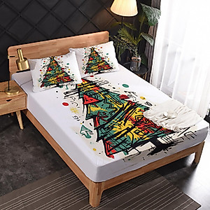 Christmas Tree Sheets Full Size Sheet Sets - Graffiti Bed Sheets, Soft Microfiber & Deep Pocket & Wrinkle Free Patterned Bedding Sheets & Pillowcases, 1 Fitted Sheet, 1 Flat Sheet, 2 Pillow Cases