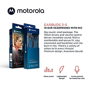 Motorola Wired Earbuds with Microphone - Earbuds 2-S Corded in-Ear Headphones, Control Button for Calls/Music, Comfortable Lightweight Silicone Ear Buds, Clear Bass Sound, Noise Isolation - Black