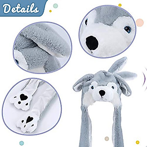 Hopearl Husky Hat with Ears Moving Jumping Pop Up Beating Hat Plush Holiday Cosplay Dress Up Funny Gift for Kids Girls, Gray, 22''