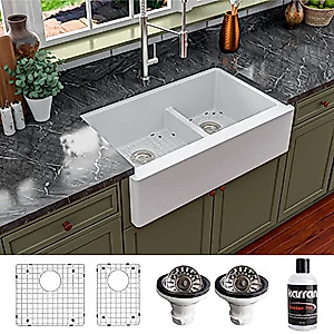 Karran QA-760 34" Undermount Large/Small Bowl Quartz Farmhouse Kitchen Sink Kit in Black