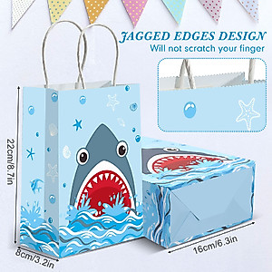 16 Pieces Shark Party Bags with Paper Twist Handles, Blue Shark Theme Candy Goodie Bags Present Bags for Kids Summer Ocean Sea Baby Shower Birthday Party Supplies, 6.3 x 3.1 x 8.7 Inch