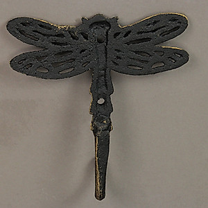 Zeckos Set of 3 Cast Iron Dragonfly Wall Hooks - Antique Gold Finish, Easy Install - Nature-Inspired Decorative Hooks for a Whimsical Touch in Your Decor Space