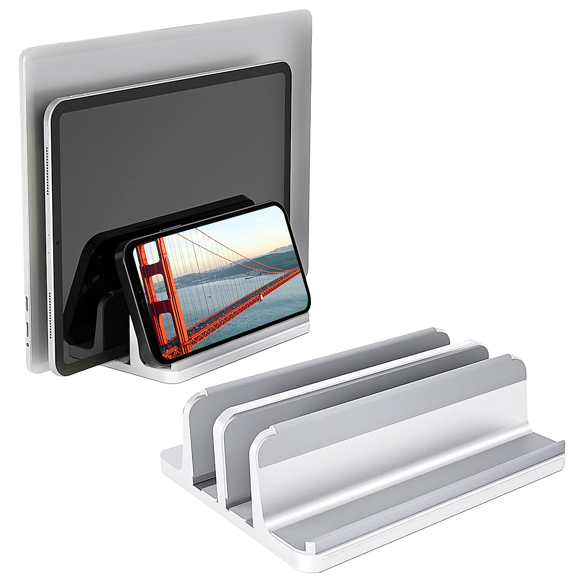 Dual Vertical Laptop Stand with New Smart Phone Slot; Compact Space-Saver Rack Expands Work Area. Strong Aluminum Adjustable Stand Holds Your Devices Securely