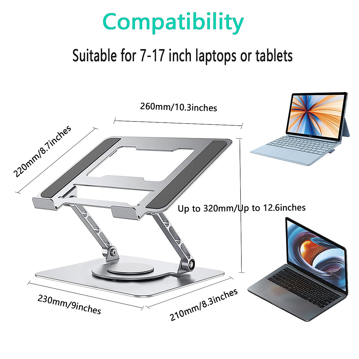 Peymoxra Laptop Stand Aluminum Computer Stand for Desk with 360° Rotating Base Adjustable Height and Angle Ergonomic Designe, Compatible with MacBook, Tablets and All Notebook 7-17" Silver