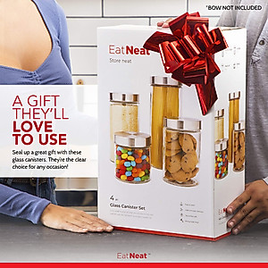 EatNeat 6 Piece Glass Canisters with Airtight Stainless/Snap Locking Lids - Tall Storage Glass Jars for Pantry & Kitchen