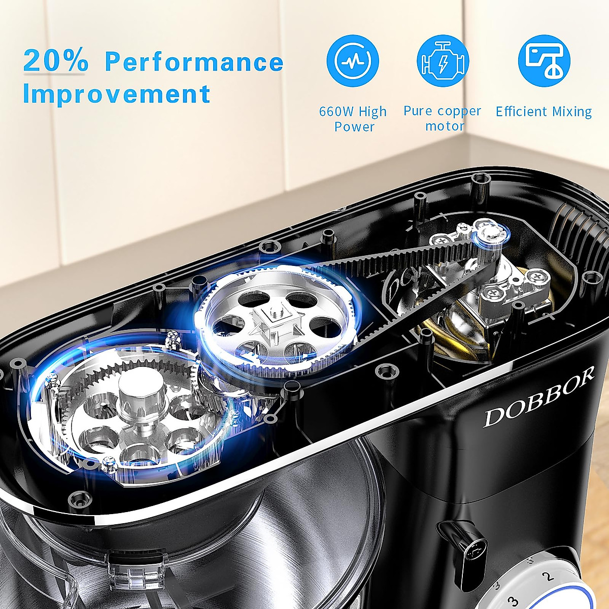 DOBBOR Electric Stand mixer, 9.5QT 660W 7 Speeds Tilt-Head Dough Mixers, Bread Mixer with Dough Hook, Whisk, Beater, Splash Guard for Baking Bread, Cake, Cookie, Pizza, Muffin, Salad and More - Gold