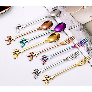Anller 16 Pieces Stainless Steel Coffee Spoons Dessert Forks, Set of 8 Spoons 8 Forks, Rainbow