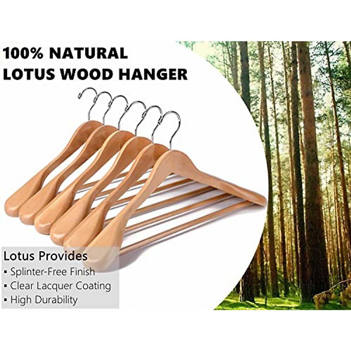 Amber Home 6 Pack Wide Shoulder Wooden Suit Coat Hangers with Non Slip Pants Bar, Solid Wood Jacket Clothes Hangers Smooth Finish for Sweater, Pants, Heavy Clothes (Natural, 6 Pack)