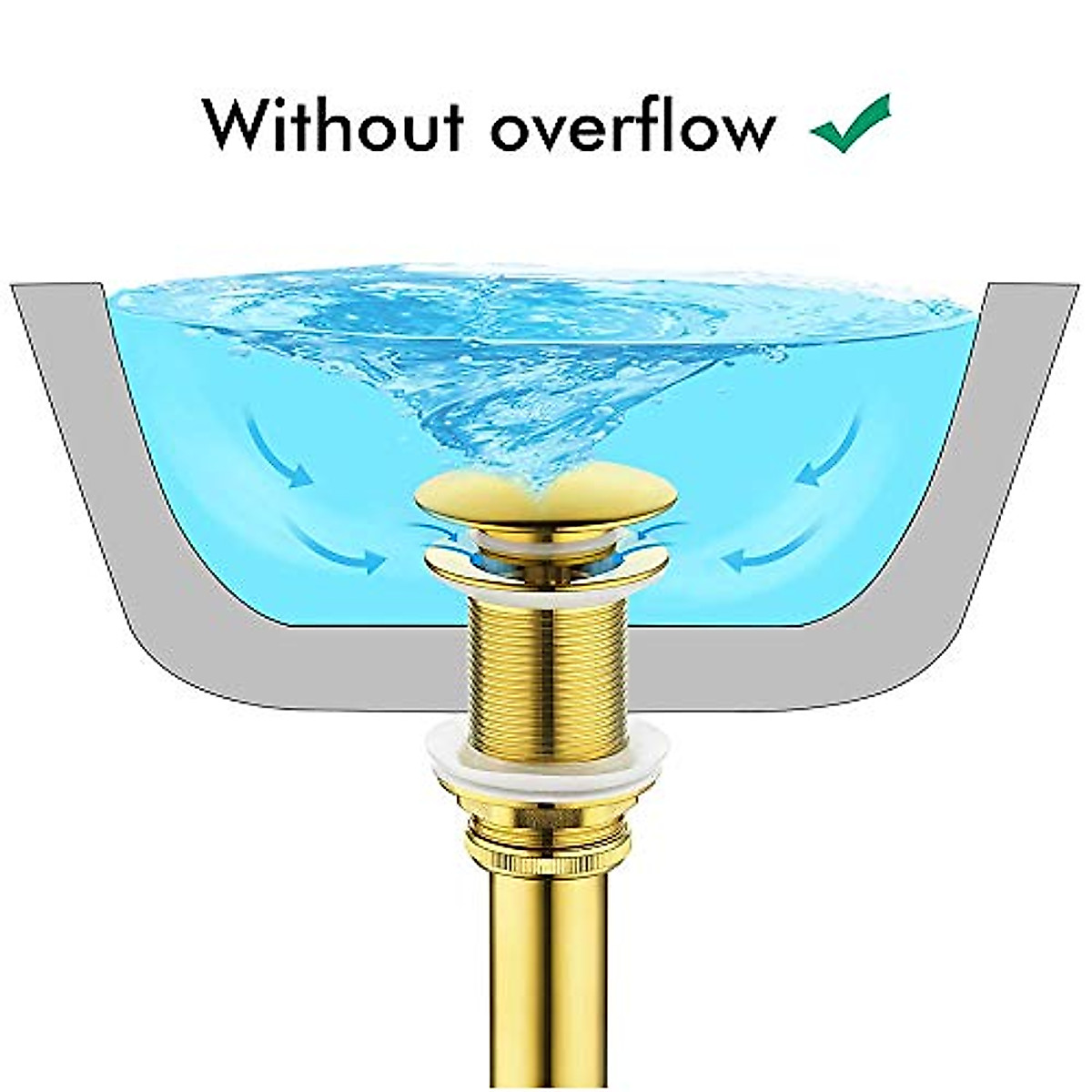 AZOS Bathroom Sink Drain Stopper Pop up Drain Without Overflow for Vessel Sink Lavatory Vanity, Brass Polished Gold Anti-Clogging Drain