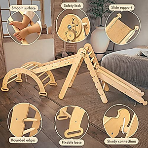 5 in 1 Indoor Play Equipment for Kids, Montessori Climbing Triangle + Wooden Arch + Slide Board + Playground Net Promotes Balance and Motor Skills, Waldorf Climbing Toys Aged 6 Months to 7 Years