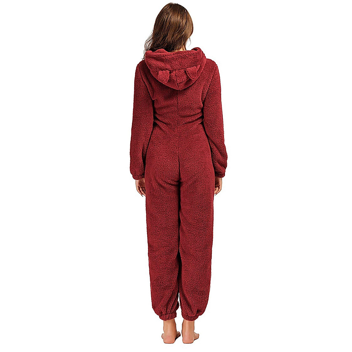 chouyatou Women's Ultra Comfy Lounge Furry Sherpa Romper Onesie Pajamas Cute Ear Hood (Medium, Red)