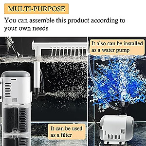 VILLNO Internal Multi-Functional Filter for Aquarium,300 GPH 15W Power Filter for 30-80 Gallon Fish Tank, Submersible Aquarium Filter
