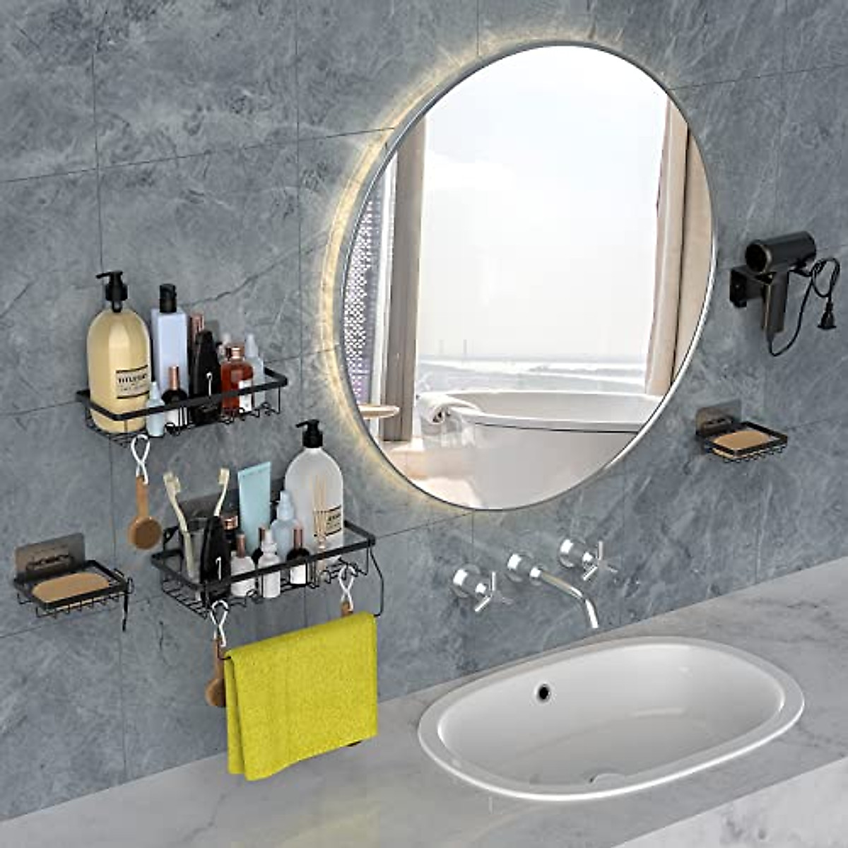 AucrBoa 6 Pack Shower Caddy Bathroom Shelf with Hair Dryer Holder, and Towel bar and Soap Dishes, No Drilling Traceless Adhesive Wall Mounted Bathroom Storage Organizer Basket with Hooks,Black