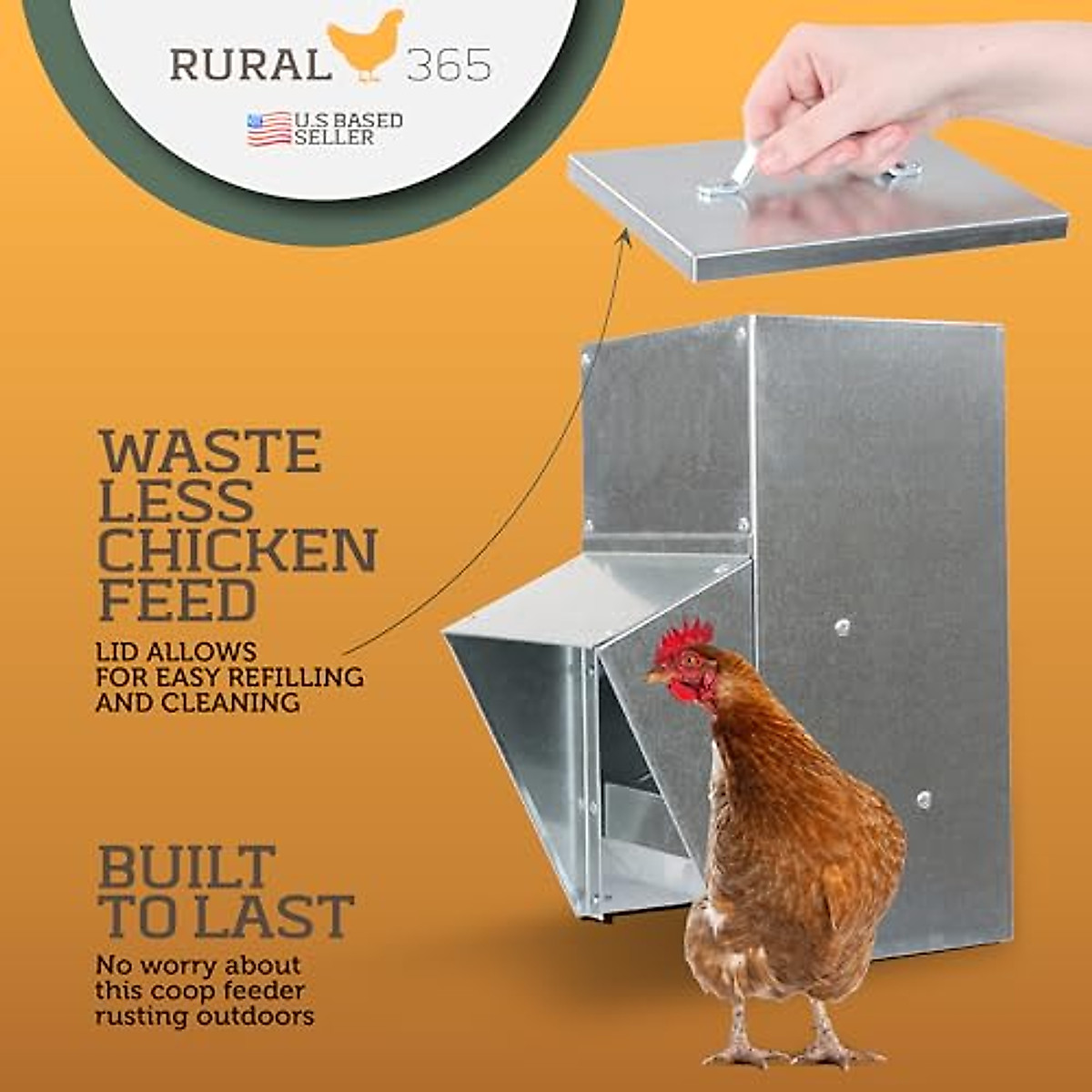 Rural365 50lb Capacity Galvanized Chicken Feeder Weatherproof Coop Dispenser