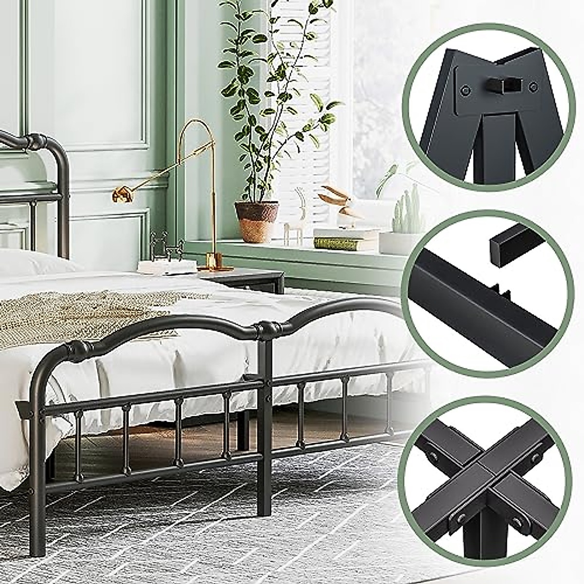 Cleaniago Queen Bed Frame with Headboard and Footboard, Vintage Style, Steel Slats, 14 Inch High and 3500 Pounds Weight Capacity, No Box Spring Needed Platform, Easy Assembly—Black