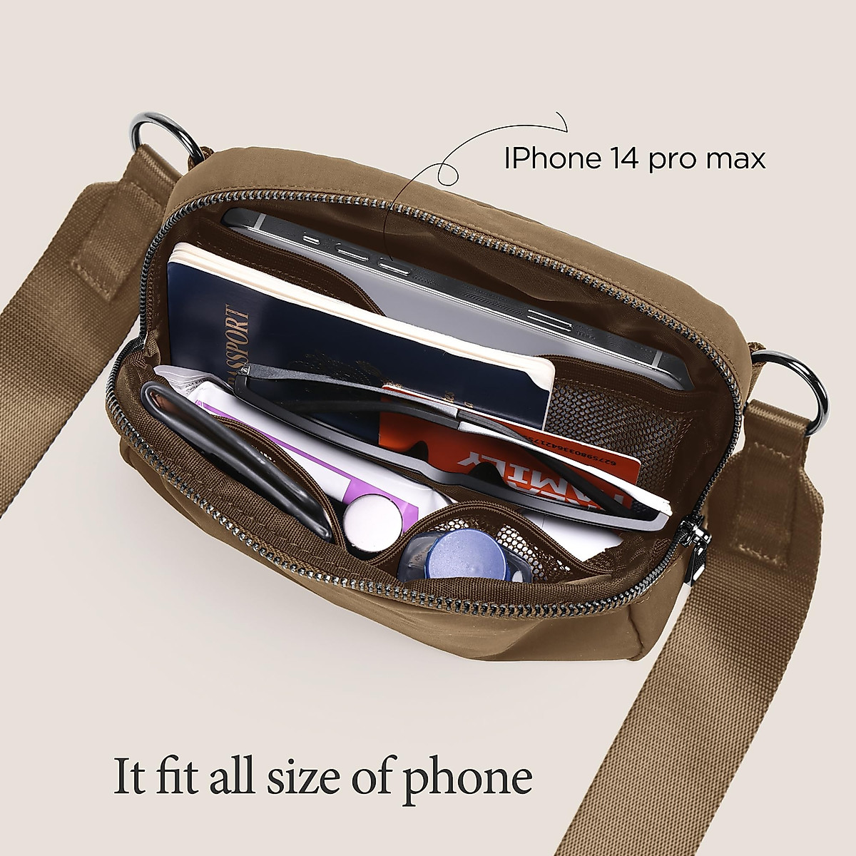 ODODOS Crossbody Bag with Adjustable Strap Small Shoulder Pouch for Workout Running Traveling Hiking, Caramel