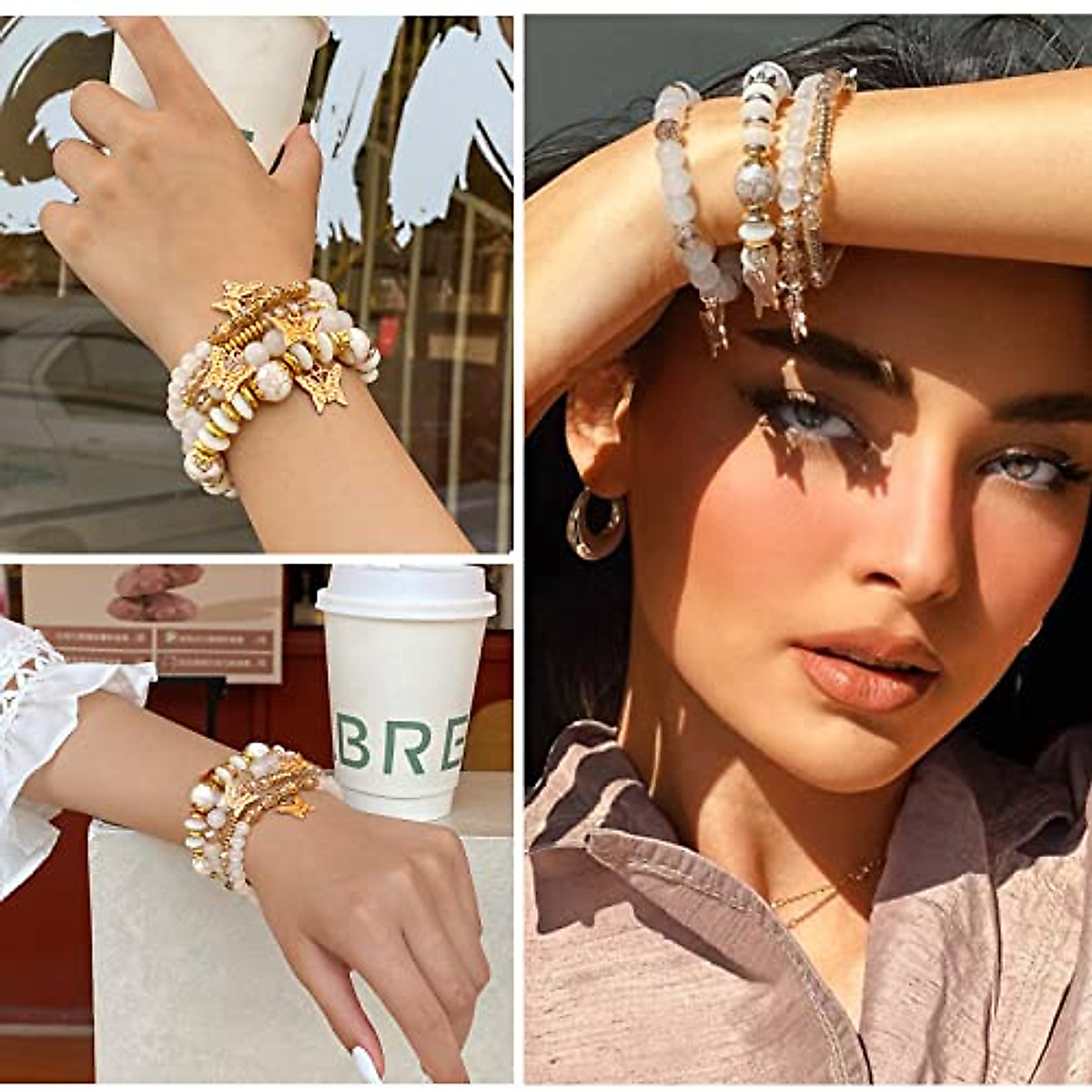 FAXHION Bohemian Bracelets for Women Girls, Gold Beaded Stackable Stretch Bracelet Set, Butterfly Elastic Colorful Charm Bracelets Boho Jewelry (B-bracelet set-4pcs)