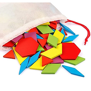 KanCai 155PCS Wooden Pattern Blocks Set Geometric Shape Puzzles Classic Educational Toys Tangrams Set for Kids Ages 3-8 with 24 Pcs Design Cards