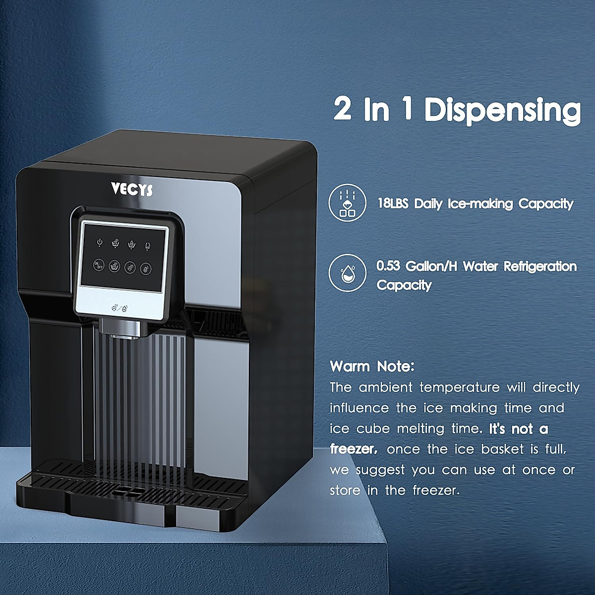 VECYS Countertop Cold Water Cooler with Ice Supply, 18LB Daily Ice Production and Bottleless Direct line Water Cooler for RV and Home Use