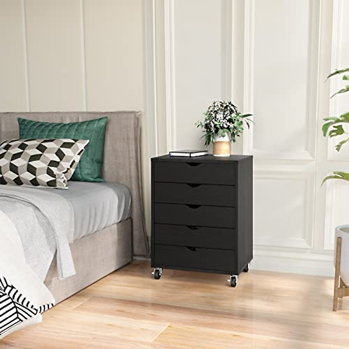 YITAHOME 5 Drawer for Bedroom, Dressers & Chests of Drawers with Wheels Under Desk, Home Office Closet Dresser Wood Nightstand Storage Cabinet, Black