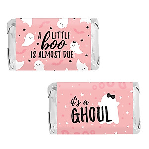 Pink A Little Boo is Almost Due Girl Baby Shower Wrappers for Mini Chocolate Bars, Halloween Baby Shower Party Favor Candy Stickers - 45 Count