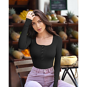 OQQ Women's 2 Piece Sexy Ribbed One Long Sleeve Button Square Neck Top BodySuit, Black,tea Leaf, Small