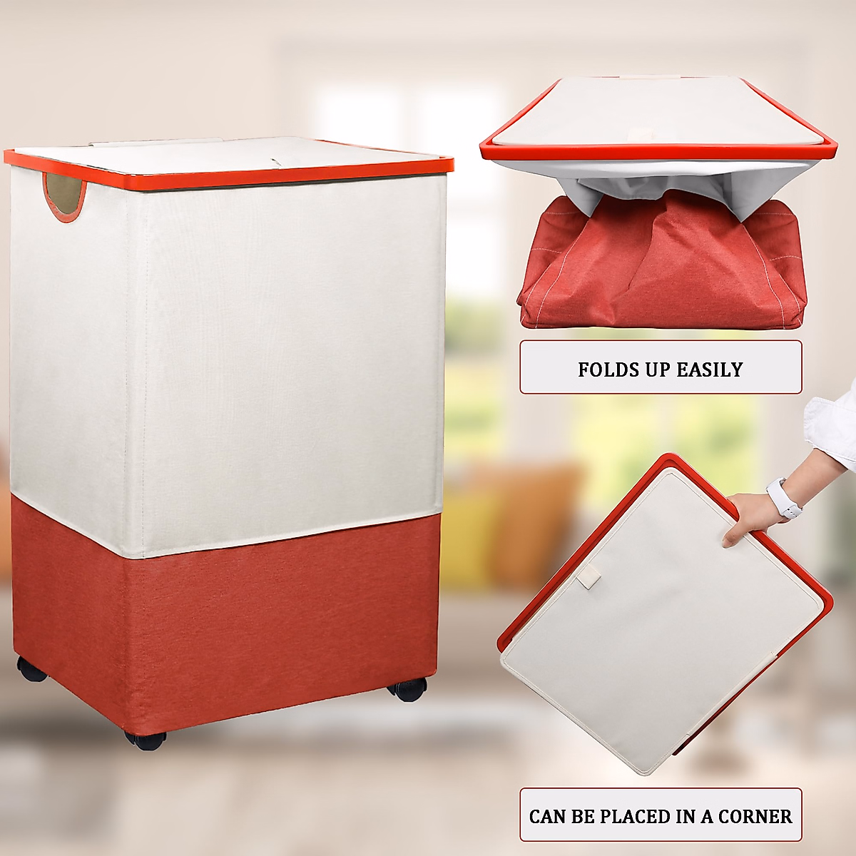 Laundry Basket with Wheels, Rolling Laundry Basket with Lid and Removable Bag, Collapsible Dirty Clothes Basket with Wheels for Bedroom, Bathroom, Dorm, Red/White