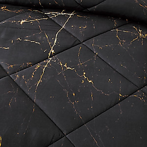aoaoaoway Black King Marble Comforter Sets, 5 Pieces (1 Quilt + 2 Pillowcases + 2 Silk Pillowcases) Stylish Bedroom Design, Super Soft Silk Microfiber Quilt, All Seasons(Black4,King)