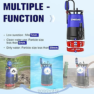 MEDAS 1HP 750W 4623GPH Submersible Sump Pump Electric 3 in 1 Clean/Dirty Water Utility Water Pumps w/Float Switch and Long 16.4ft Cable for Quickly Water Removal Drainage Pool Garden Tub Pond Flood