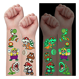 Mario Birthday Party Supplies, 34Pcs Temporary Tattoos Party Favors, Glow In The Dark Removable Skin Safe, Fake Tattoo Stickers for Goody Bag Treat Bag Stuff for Mario Birthday Party Gifts