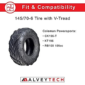 AlveyTech 145/70-6 Front Tires with V-Tread - For the Coleman KT196/CK196-T Go-Kart, All Terrain, Rubber Tubeless Tire for 4x4 Quad, Mini Dirt Bike, UTV, ATV, Lawn Mower and Electric Cart, (Set of 2)