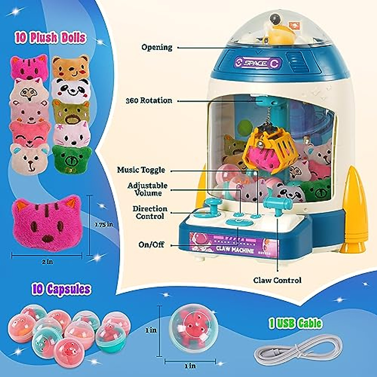Bambibo Mini Claw Machine for Kids - Pre Assembled Blue Rocket Shaped, Vending | Indoor Toys Arcade Machines Home Game with Music Age 3-8, Pink