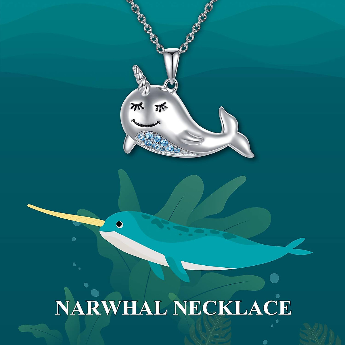 POPKIMI Narwhal Pendant Sterling Silver Necklaces Minimalist Jewelry, Tiny Silver Whale Necklace, Love Gift for Women