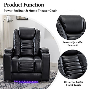 Merax Home Theater Seating,Power Motion Recliner Living Room Furniture with Adjustable Headrest Hidden Arm Storage LED Lighting, Black
