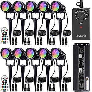 SUNVIE RGBW Low Voltage Landscape Lighting Kit with Transformer and Timer 12W 12-24V Outdoor LED Color Changing Landscape Lights with Connector for Garden Pathway Wall Tree ETL Listed Cord, 10 Pack