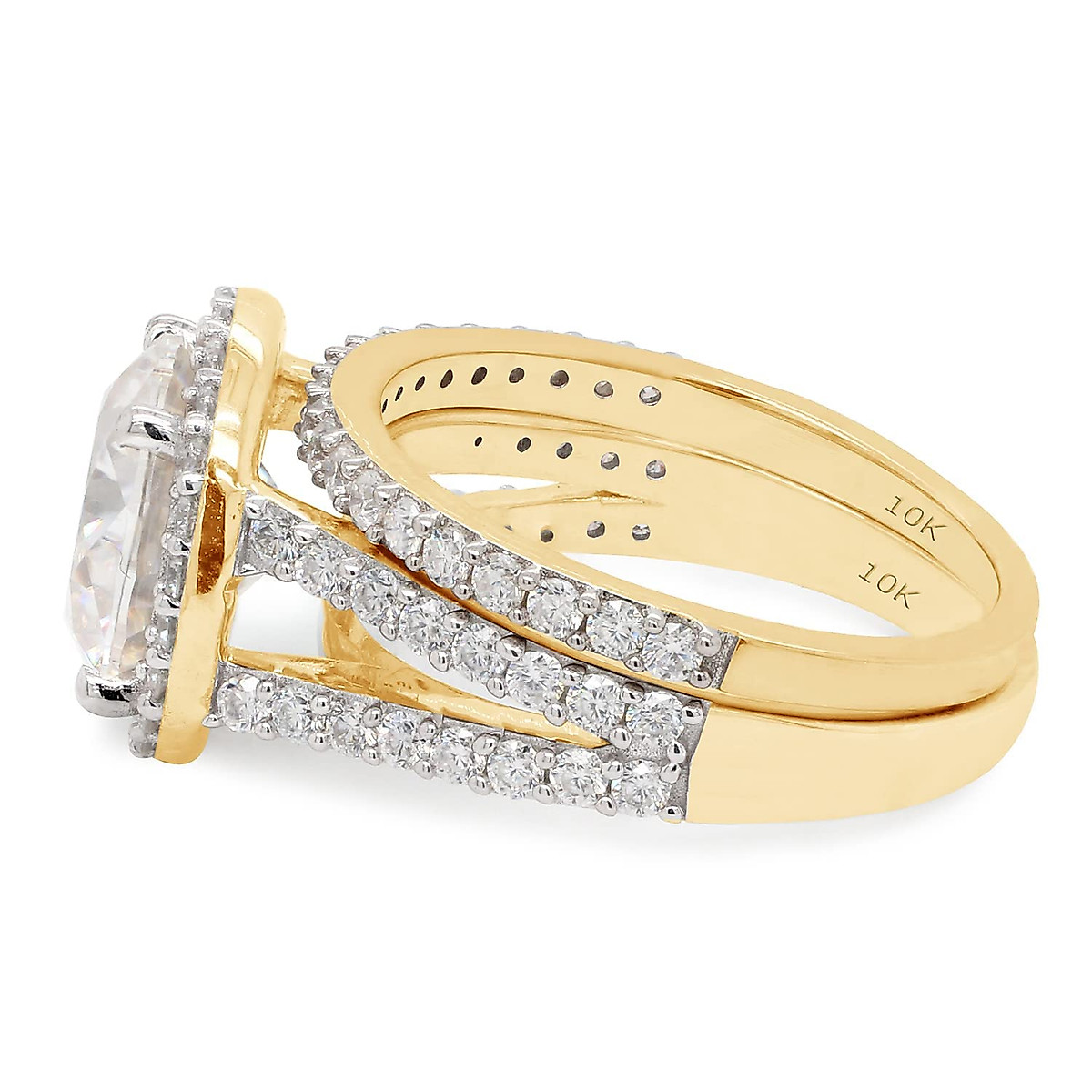 SAVEARTH DIAMONDS Split Shank Design, 4 1/2 cttw Center 10MM Round Cut Lab Created Moissanite Diamond Halo Bridal Set Ring 10K Solid Yellow Gold (VVS1 Clarity, 4.50 Cttw)-7.5