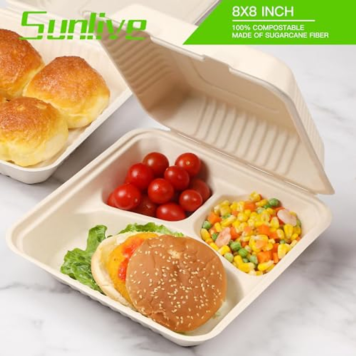 Sunlive 100% Home Compostable 50 Pack Disposable Clamshell Take Out Food Containers, 8X8'' 3-Compartment to go Containers, Biodegradable Heavy-Duty to go Boxes, Made of Sugarcane Fibers