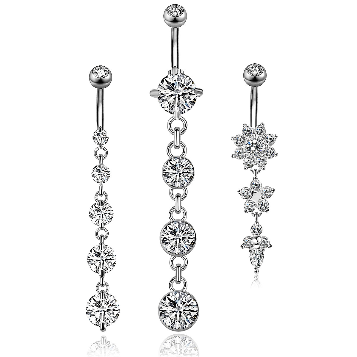YOVORO 3PCS 14G 316L Stainless Steel Belly Button Rings for Women Navel Rings Barbell Dangle Flower CZ Body Piercing S