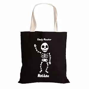 Personalization Universe Glow-In-The-Dark Skeleton Halloween Treat Bag, Customizable Kids' Tote Bag for Trick or Treating, Reusable Cotton Shoulder Bag