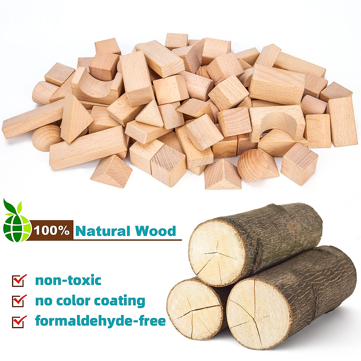 Timfuis Wooden Building Blocks Set, 80 PCS Natural Wood Stacking Block Toy with Carrying Bag, Montessori Learning Birthday Gifts for 3 4 5 Year Olds Toddlers Kids Boys Girls Children