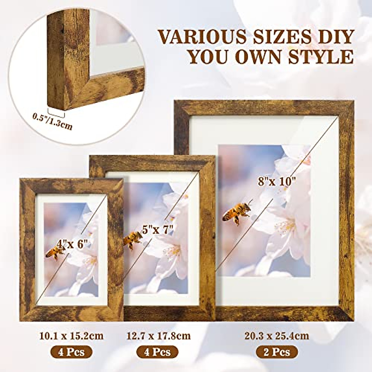 EOMEOH Picture Frames Set of 10, Wood Picture Frame with Mat and HD Glass Including 4×6 5×7 8×10 Inch Photo Frames for Wall or Tabletop (Brown)
