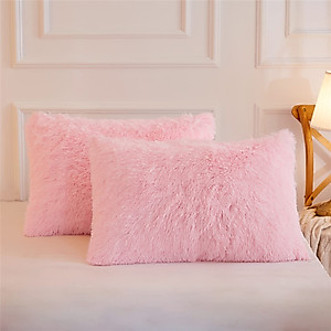 Faux Fur Pink Fluffy Pillow case, Soft Pink Decorative Fuzzy Pillow case, Cute Fluffy Pillow Covers for Home Bedroom Living Room, Zipper Closure, Set of 2 (Pink, Standard 20"x 26")