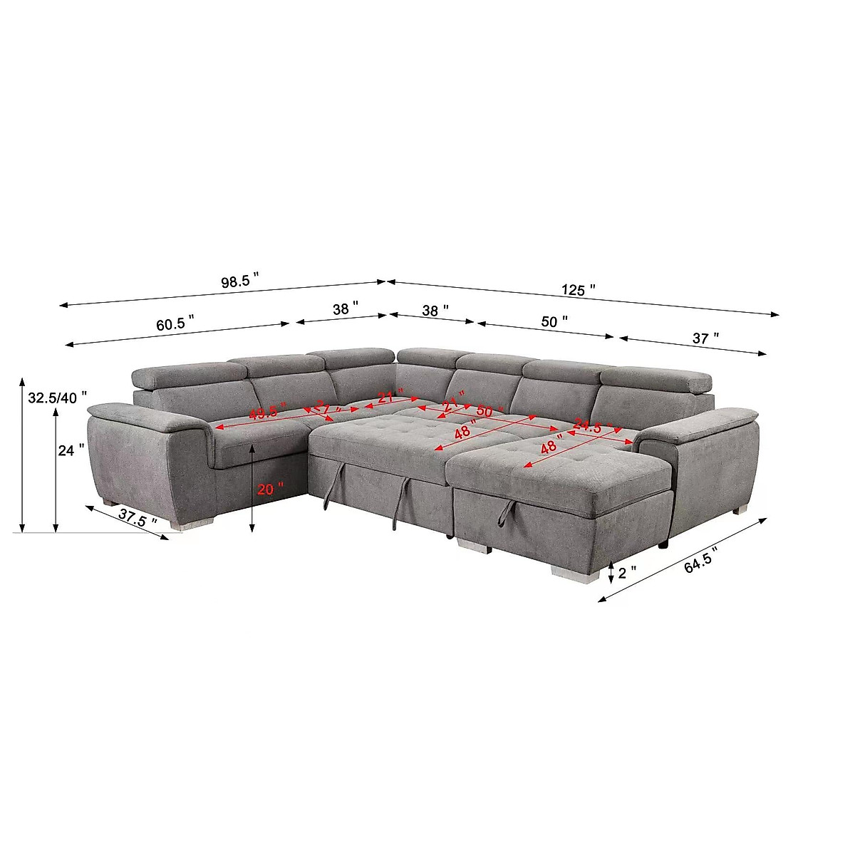 Eafurn 125'' U-Shaped Sectional Sleeper Right Storage Chaise Lounge and Pull Out Bed, 7-Seater Tufted Seat Oversized Sofa & Couches with Adjustable Headrest for Living Room, Light Gray