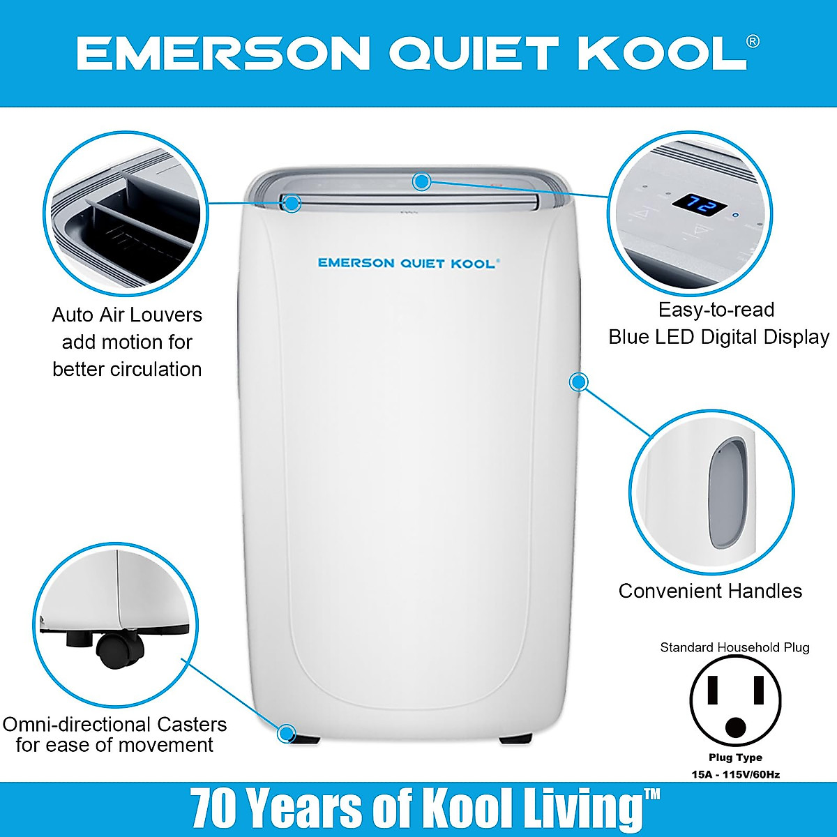 Emerson Quiet Kool EAPE14RSD1 SMART Heat/Cool Wi-Fi and Voice 550-Sq. Ft Portable Air Conditioner with Remote Control for Rooms, White