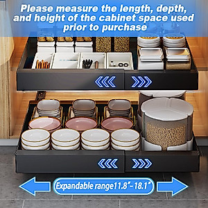 Expandable Pull out Cabinet Organizer with Sliding Drawer, Expandable (11.8"-18.1")Heavy Duty Slide out Drawer Adhesive Nano Film Slide Out Pantry Shelves for Kitchen,Bathroom,Pantry (2.7" H) (Black)