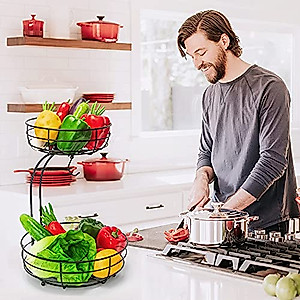 Bextsrack 2-Tier Countertop Fruit Basket Bowl with Banana Hanger, Metal Wire Vegetable Produce Storage Baskets for Kitchen, Fruits Stand Holder Organizer for Bread Snack Veggies, Black