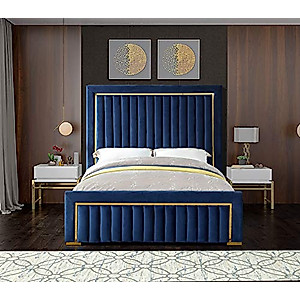 Meridian Furniture Dolce Collection Modern | Contemporary Velvet Upholstered Bed with Luxurious Channel Tufting and Gold Metal Trim/Legs, Queen, Navy