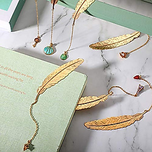 8 Pieces Metal Feather Pendant Bookmarks 3D Gold Vintage Bookmark Shell Tower Strawberry Snowflake Pendant Bookmarks Presents for Teens Adults Friends Readers Students