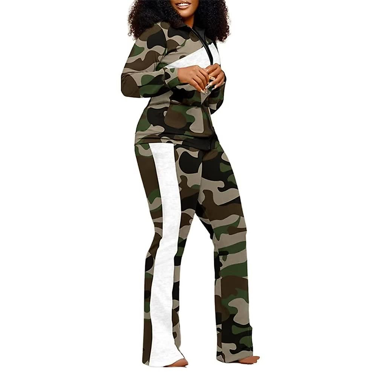 Adogirl Womens Two Piece Outfits Zipper Up Pattern Print Long Sleeve Jogging Weat Suits Matching Jogger Long Pants Set