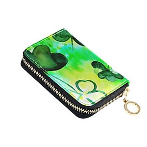 Watercolor Shamrock Clover Seamless Green St. Patrick's DayGrey Credit Card Coin wallet, RFID Blocking Compact Women Leather Card Holder, Key Change Organizer, Zipper Purse Clutch Pouch Pocket